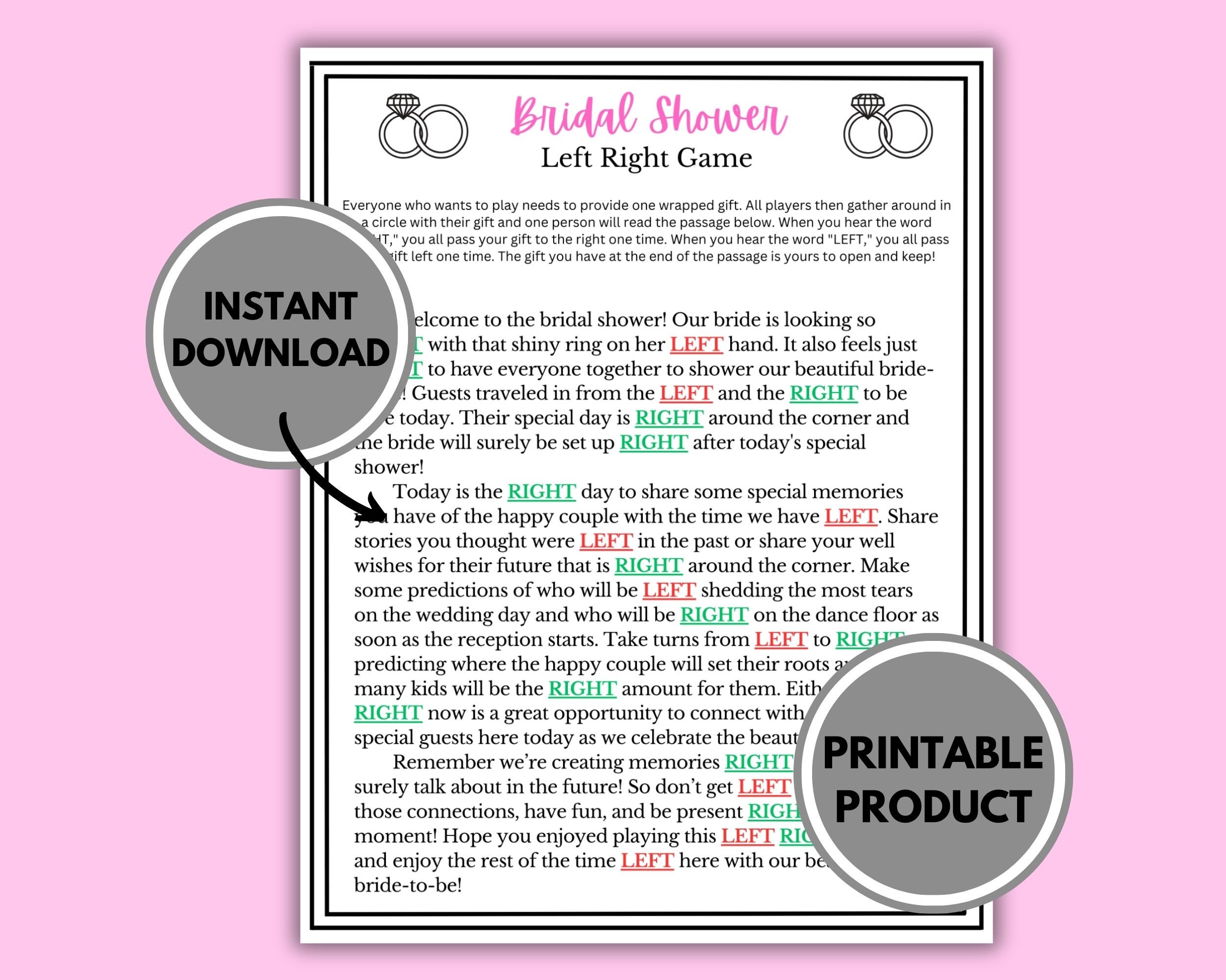 Bridal Shower Left Right Game Printable Bridal Shower Pass the Gift ...