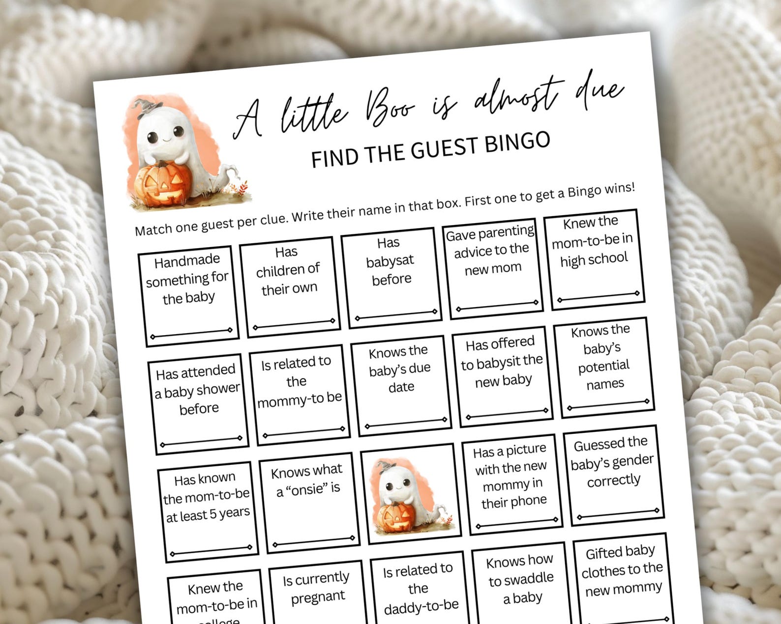 A Little Boo is Almost Due, Find the Guest Bingo Game, Halloween ...