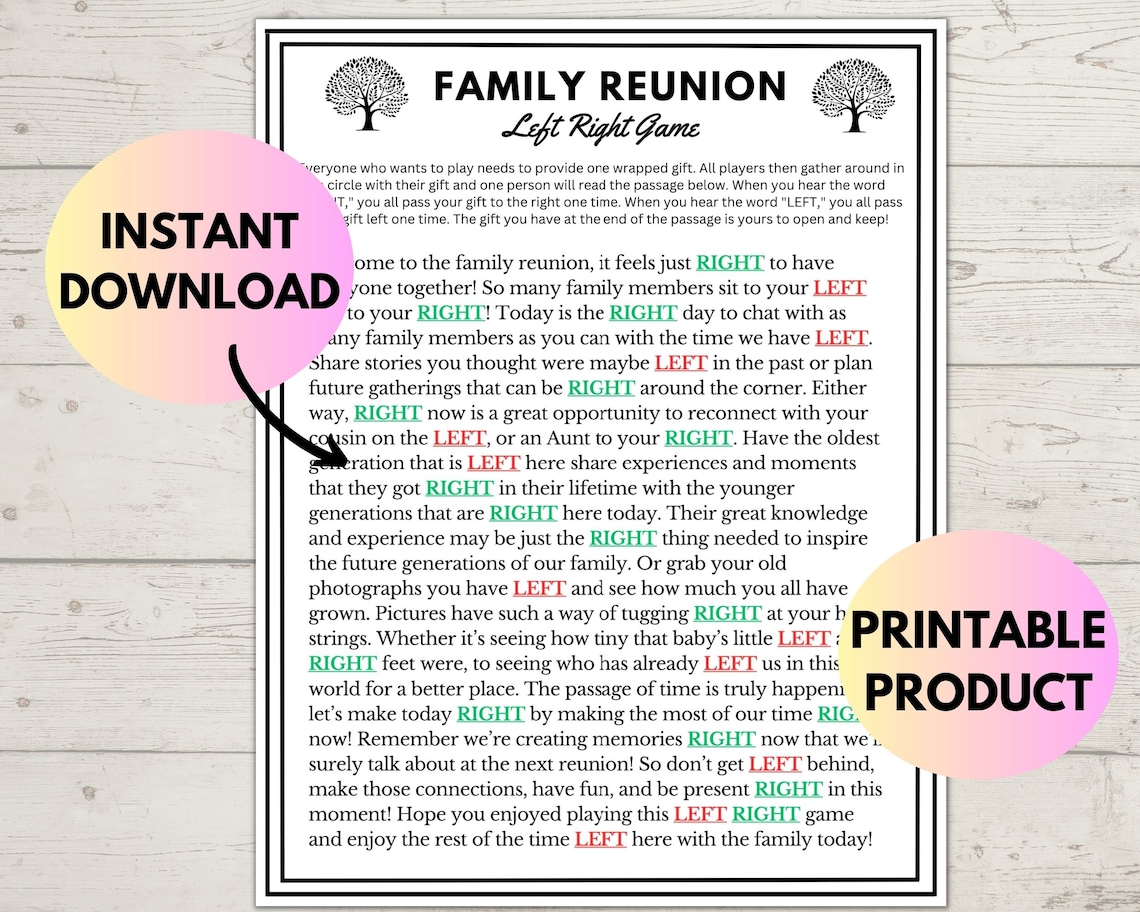 Family Reunion Left Right Game Printable Family Reunion Pass the Gift ...
