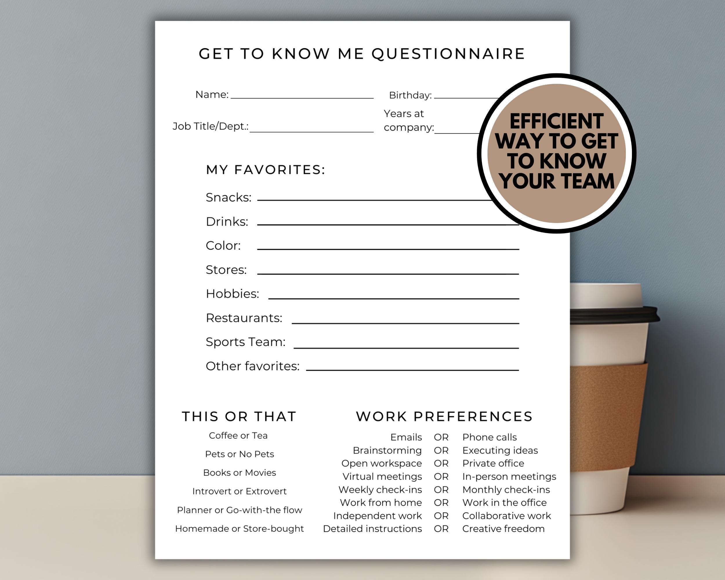 Team Building Get to Know Your Staff Questionnaire Printable, Get to ...
