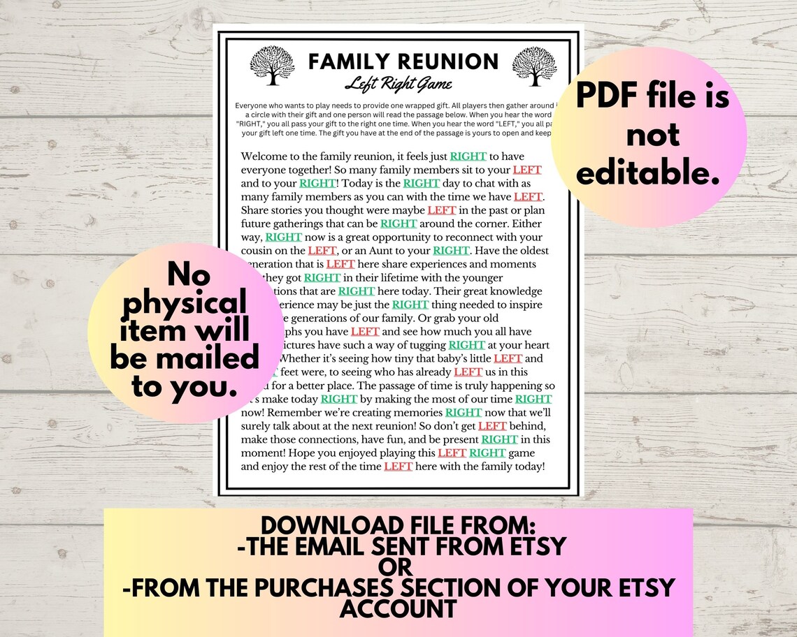 Family Reunion Left Right Game Printable Family Reunion Pass the Gift ...