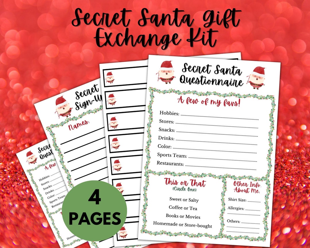 Secret Santa Gift Exchange Questionnaire | Secret Santa Survey | White ...