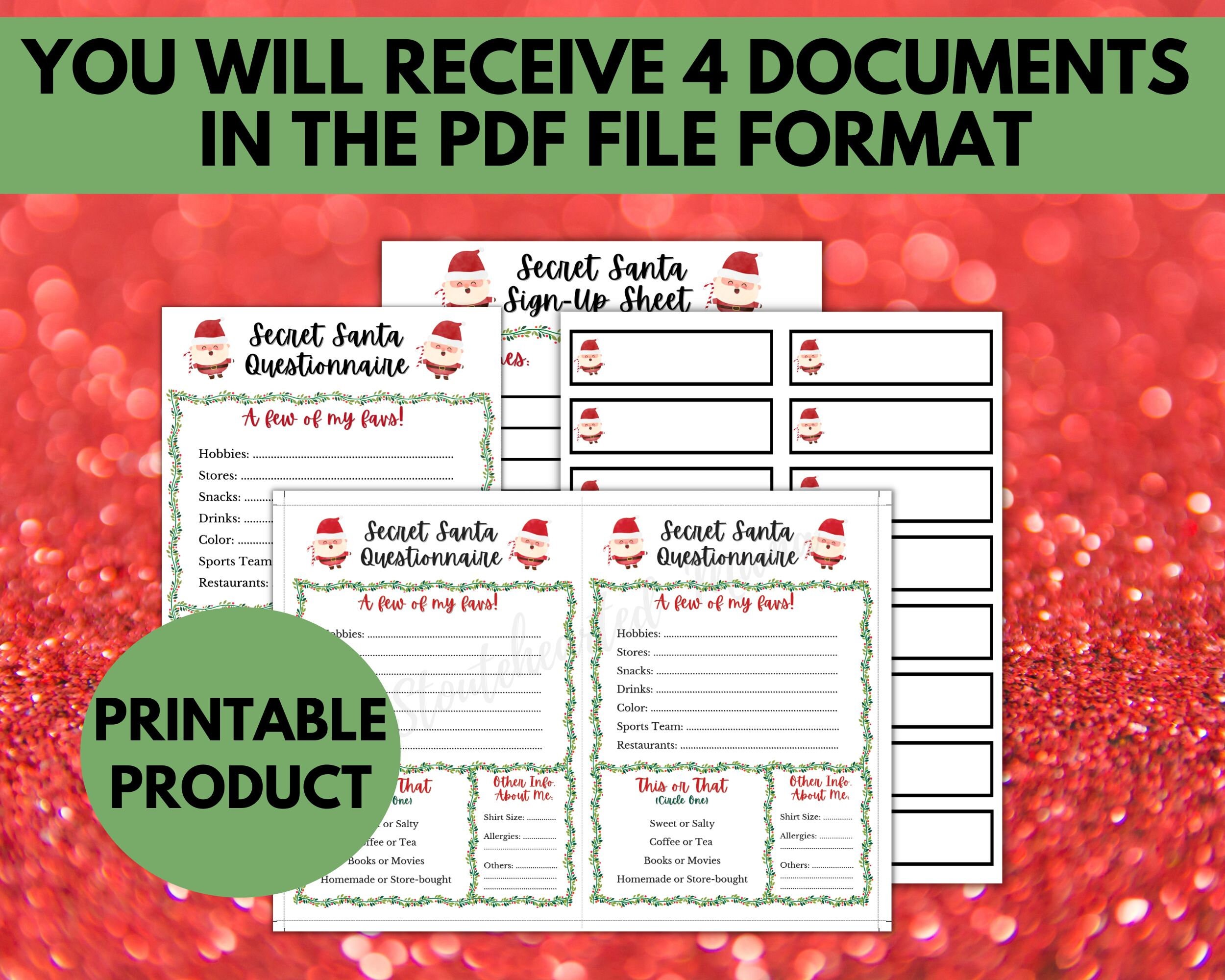 Secret Santa Gift Exchange Questionnaire Printable White Elephant ...