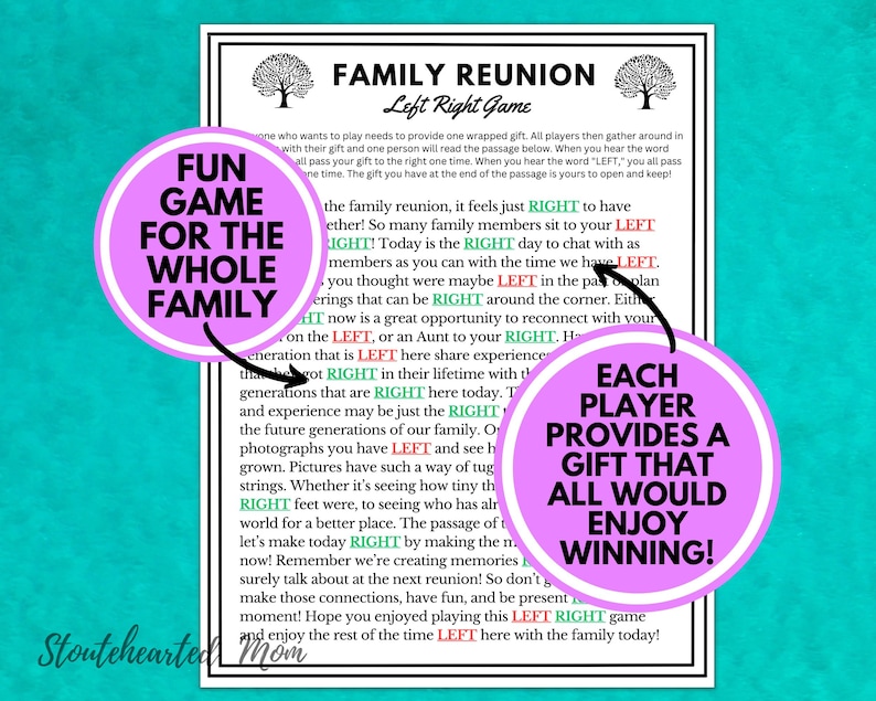 Family Reunion Left Right Game Printable Family Reunion Pass the Gift ...