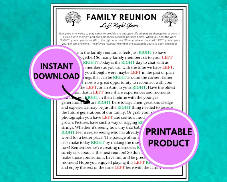 Family Reunion Left Right Game Printable Family Reunion Pass the Gift ...