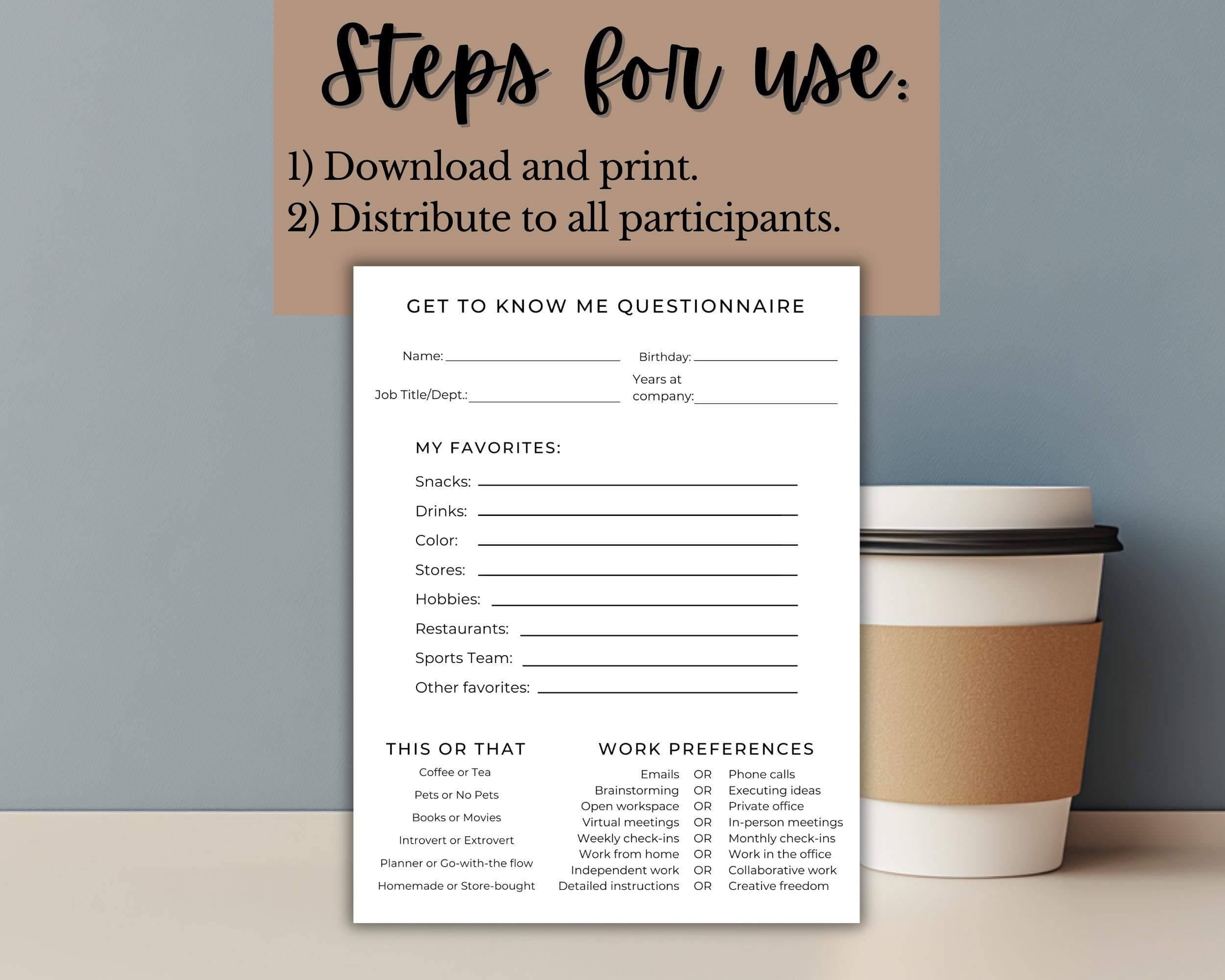 Team Building Get to Know Your Staff Questionnaire Printable, Get to ...