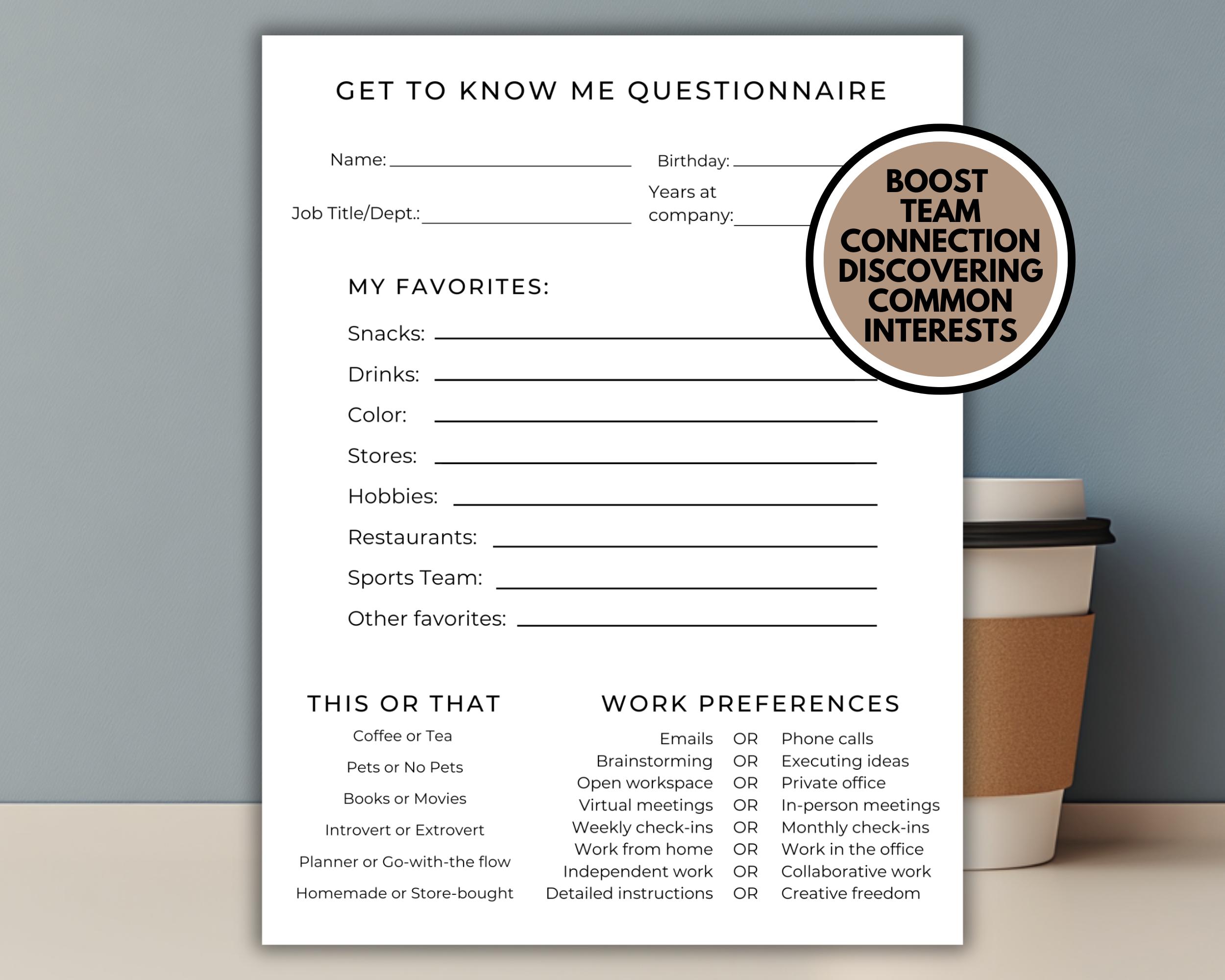 Team Building Get to Know Your Staff Questionnaire Printable, Get to ...