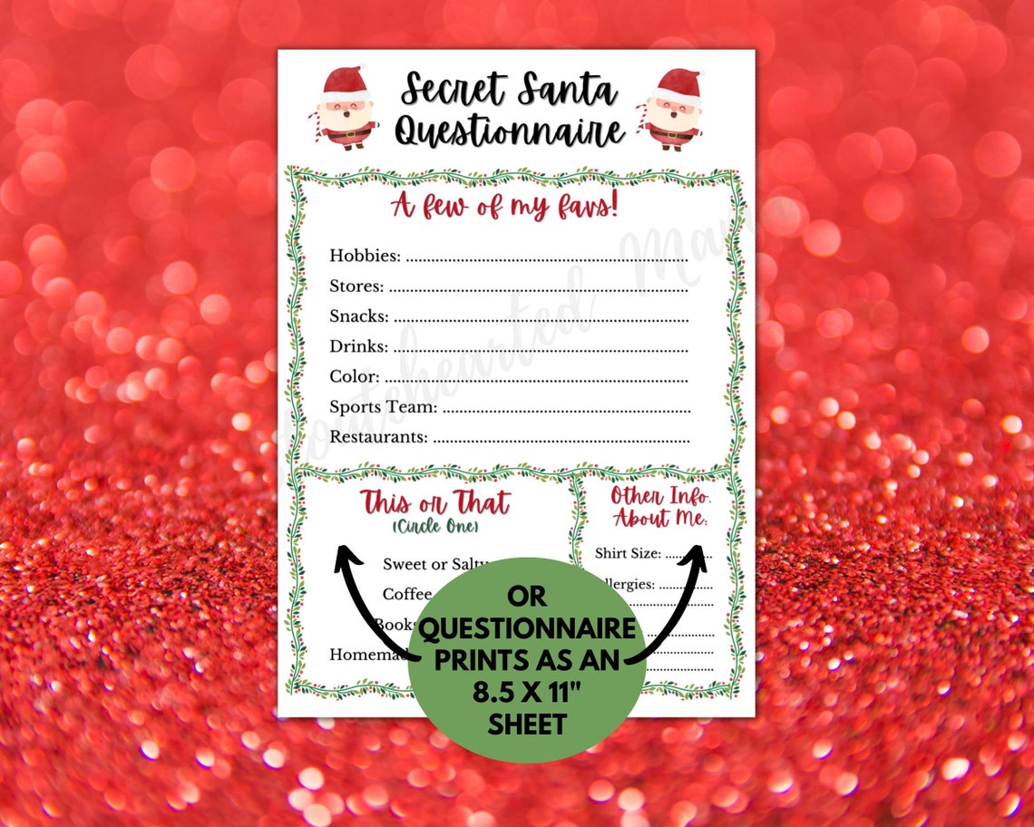 Secret Santa Gift Exchange Questionnaire Printable White Elephant ...
