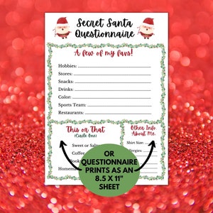 Secret Santa Gift Exchange Questionnaire | Secret Santa Survey | White ...
