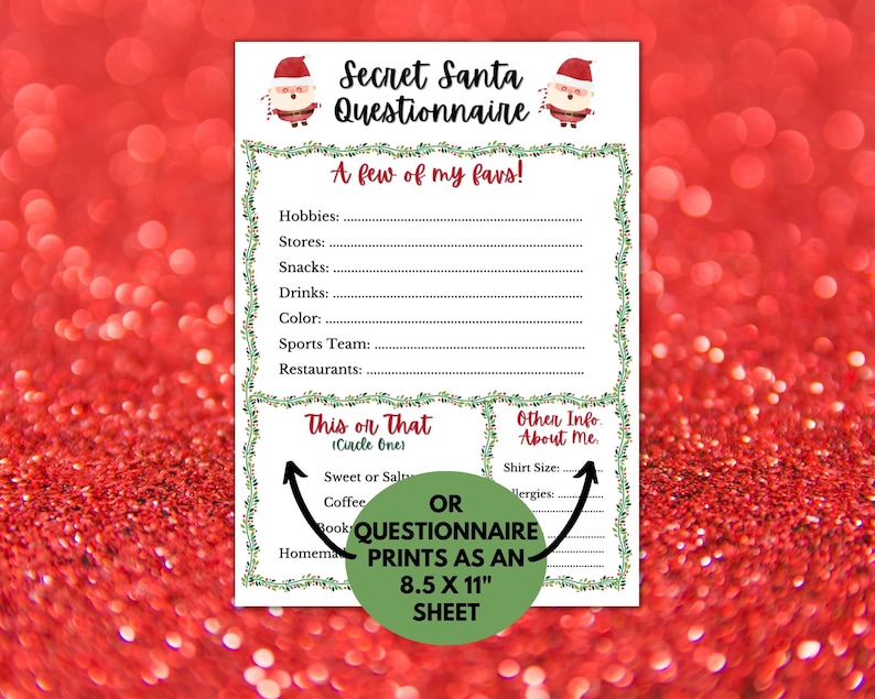 Secret Santa Gift Exchange Questionnaire | Secret Santa Survey | White ...