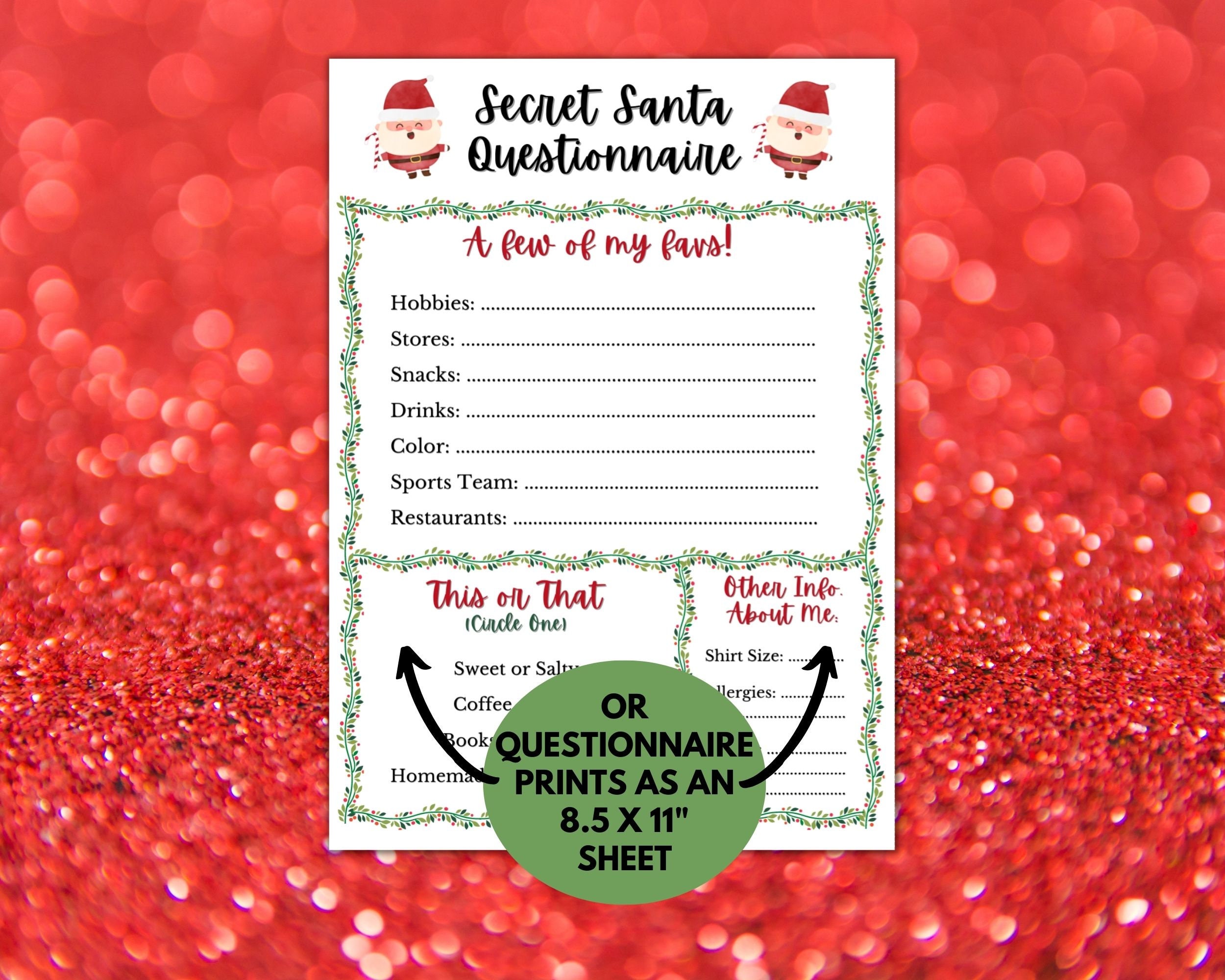 Secret Santa Gift Exchange Questionnaire | Secret Santa Survey | White ...