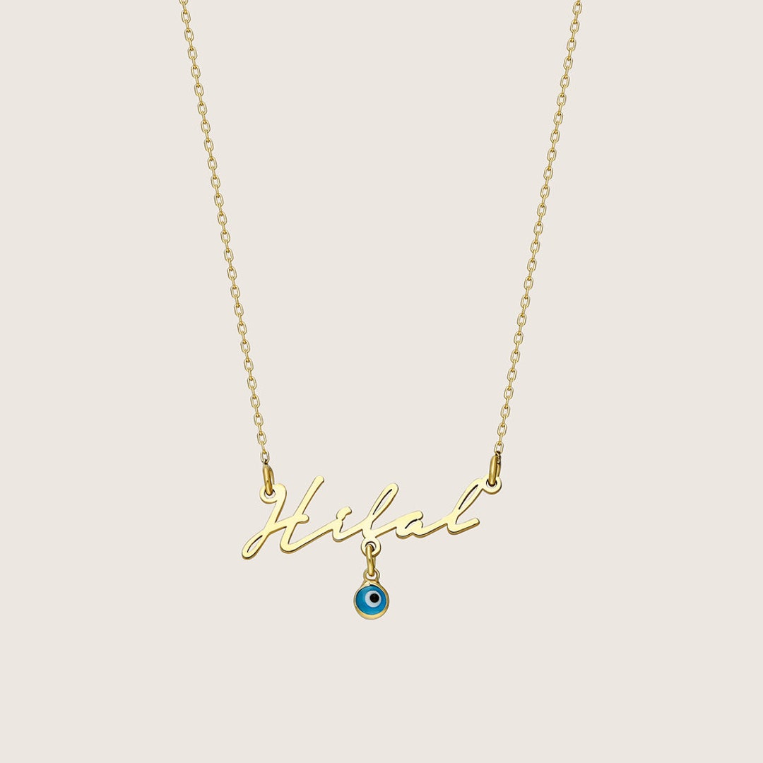 Nazar Name Necklace Signature 925 Silver 18k Gold Plated Solid Chain - Etsy