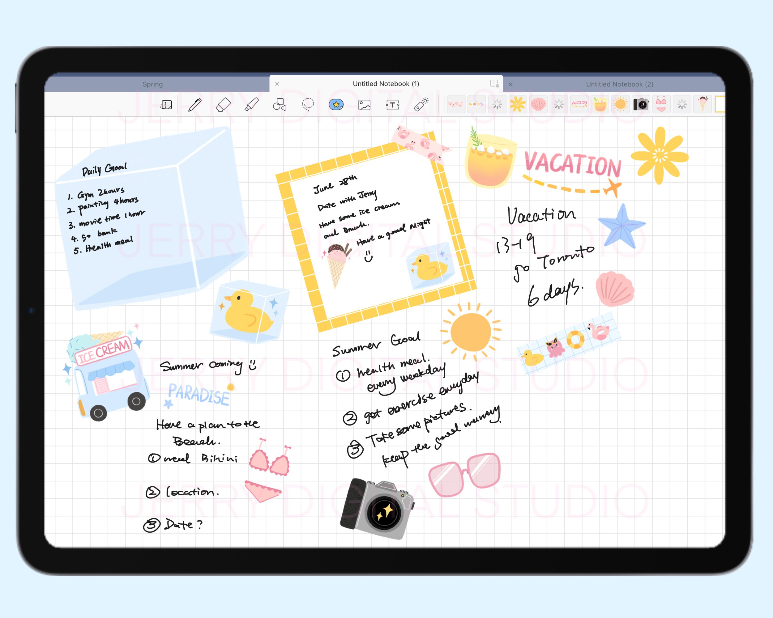 Cute Summer Digital Sticker Book | Goodnotes Planner (45 Stickers) - Etsy