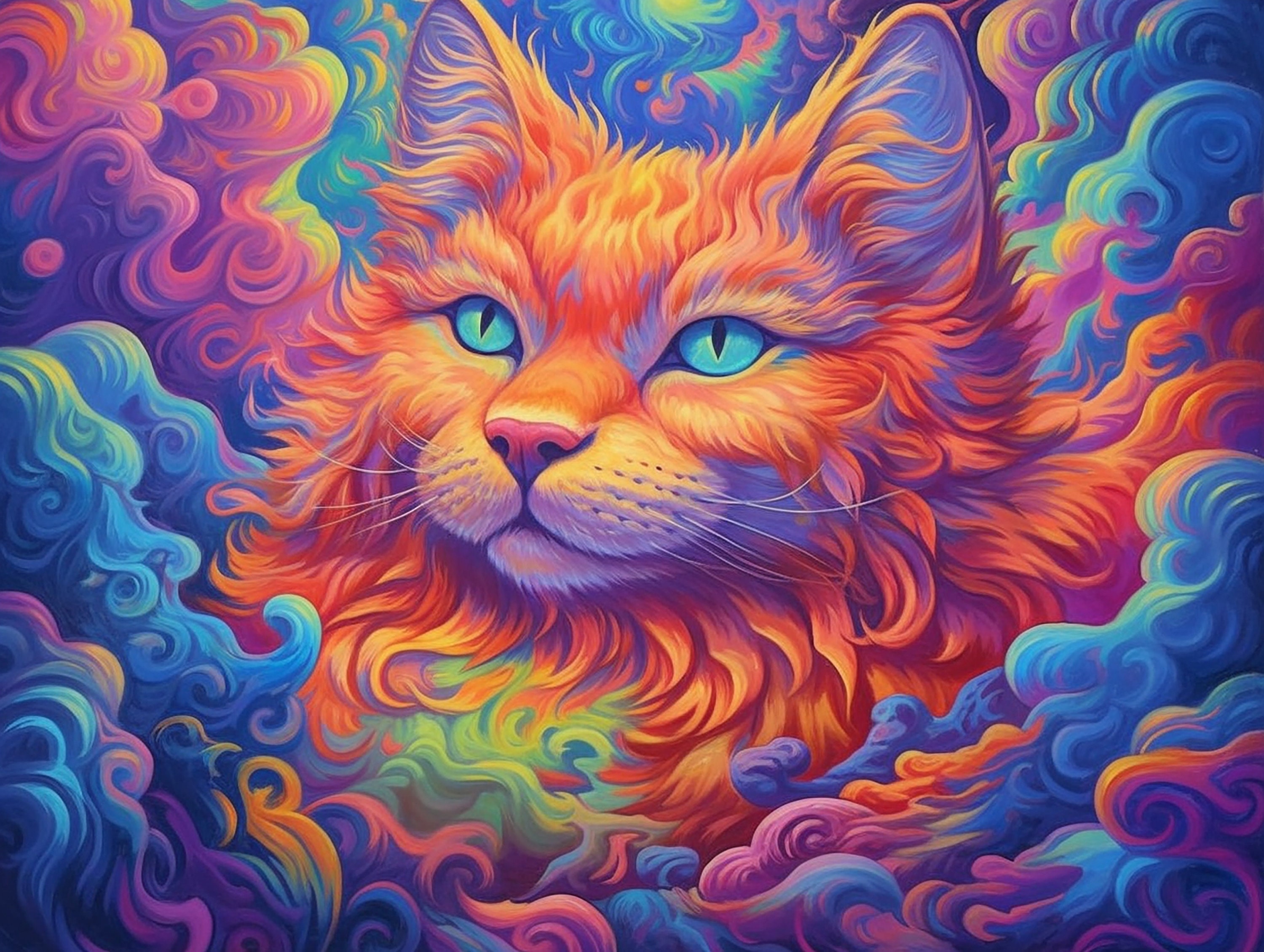 Psychedelic Cat Art Neon Hallucinations Cat Painting for Cat Home Decor ...