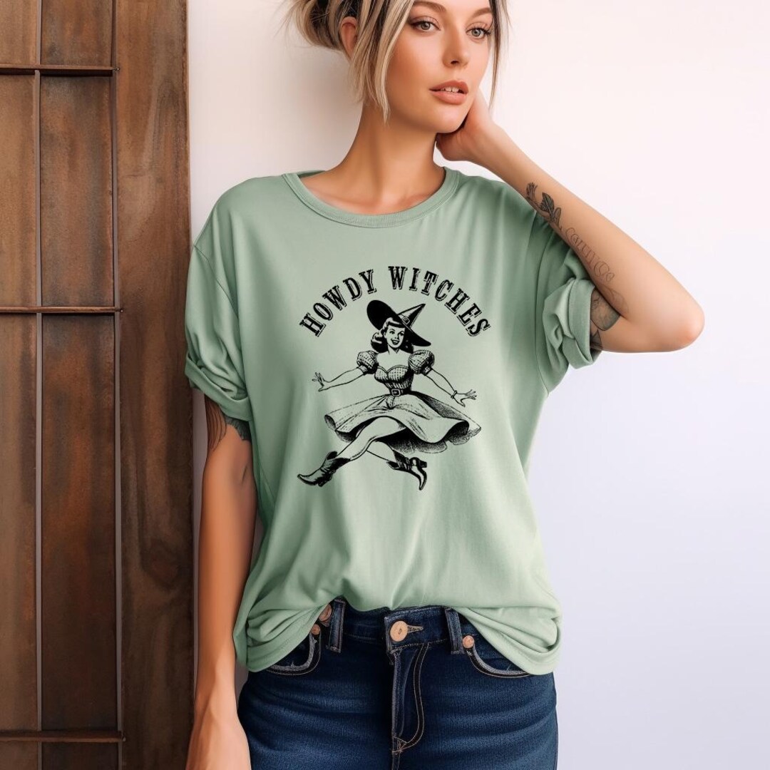 Howdy Witches Vintage Girl Retro Witch Pin up Halloween Black Cat Bats ...