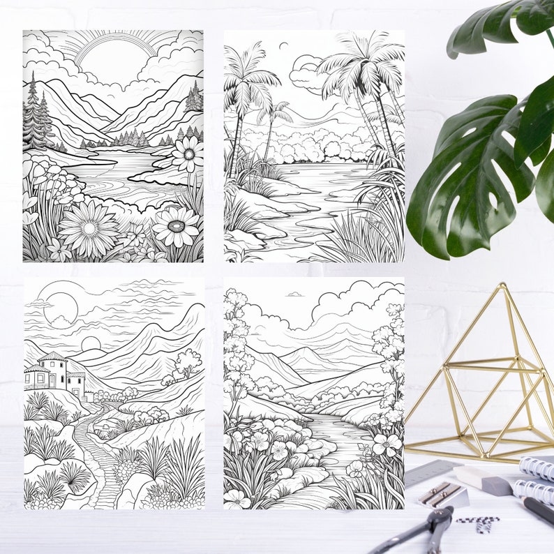 Landscape Coloring Book/ Digital Download/ 25 Pages/ Nature Coloring ...