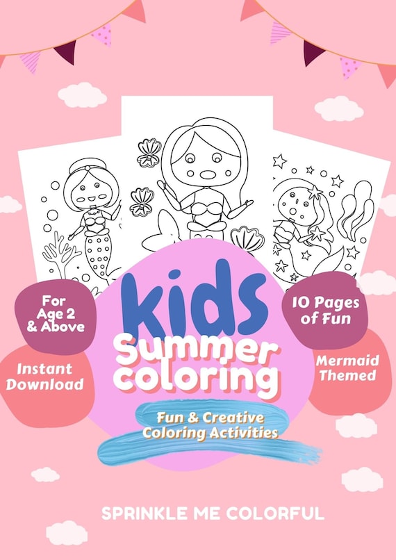 Summer Mermaid Coloring Pages Printable for Kids Summer | Etsy