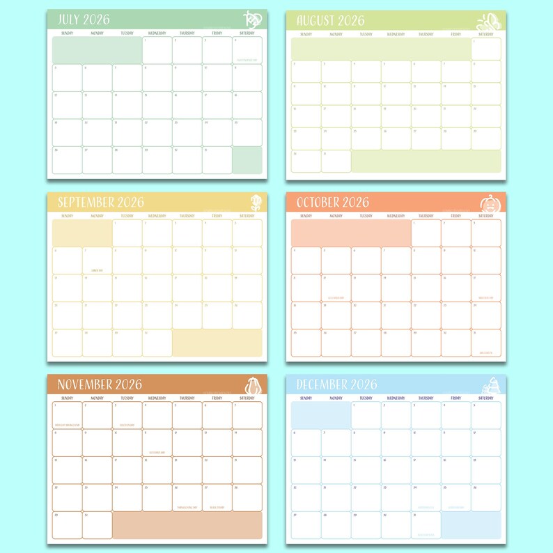 2026 Printable Monthly Calendar Digital Download PDF | Colorful Wall ...