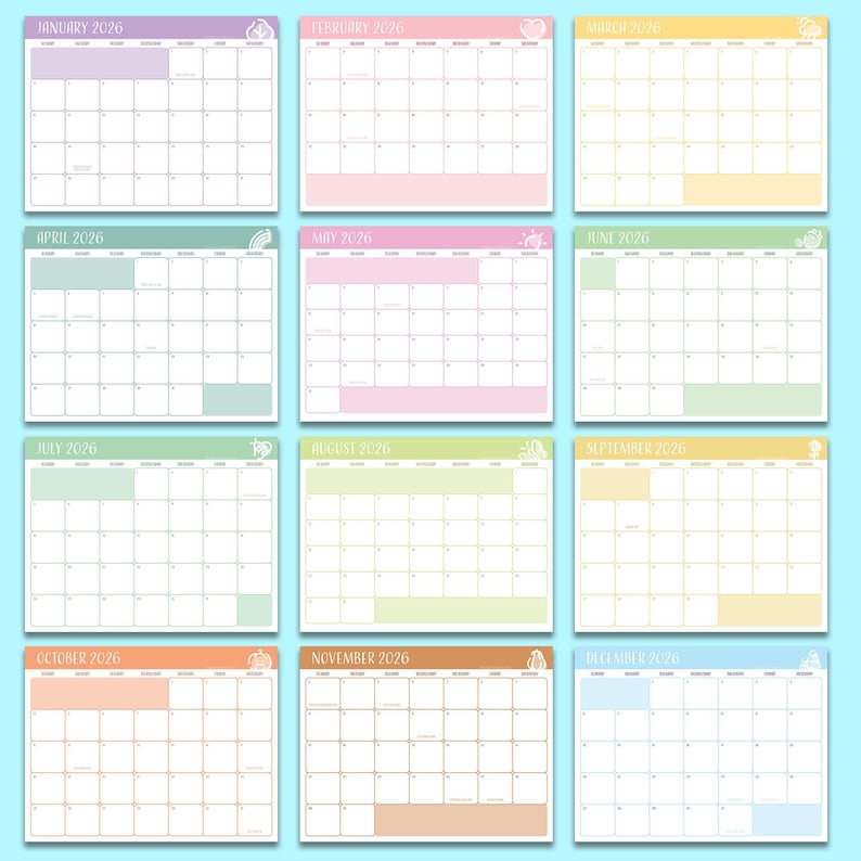 2026 Printable Monthly Calendar Digital Download PDF | Colorful Wall ...