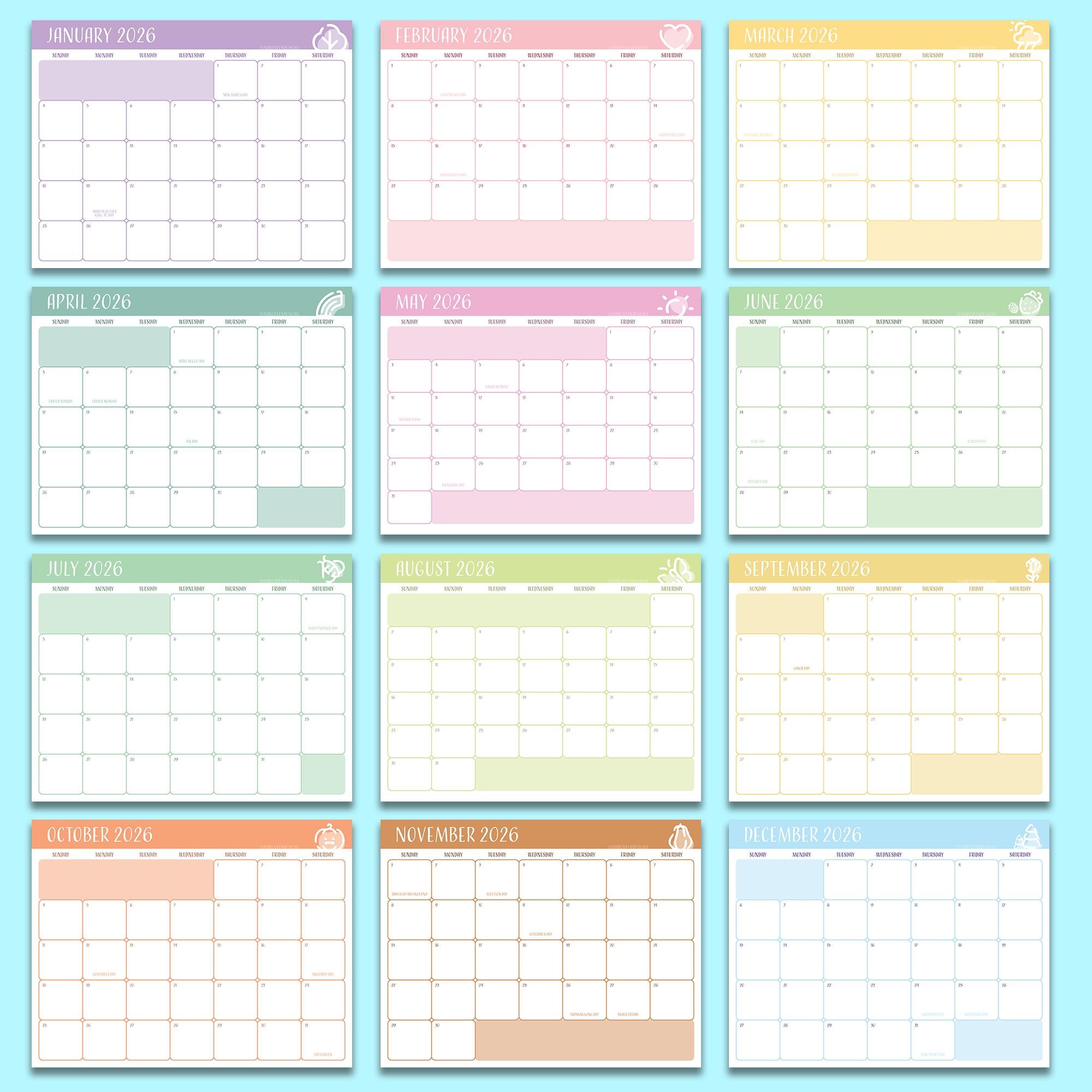 2026 Printable Monthly Calendar Digital Download PDF | Colorful Wall ...