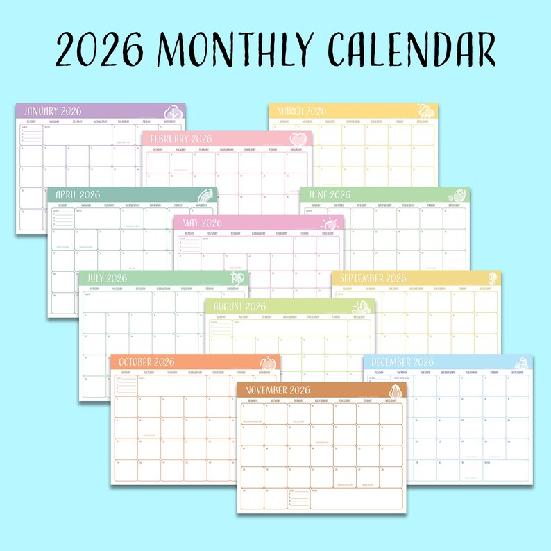 2026 Printable Monthly Calendar Digital Download PDF | Colorful Wall ...