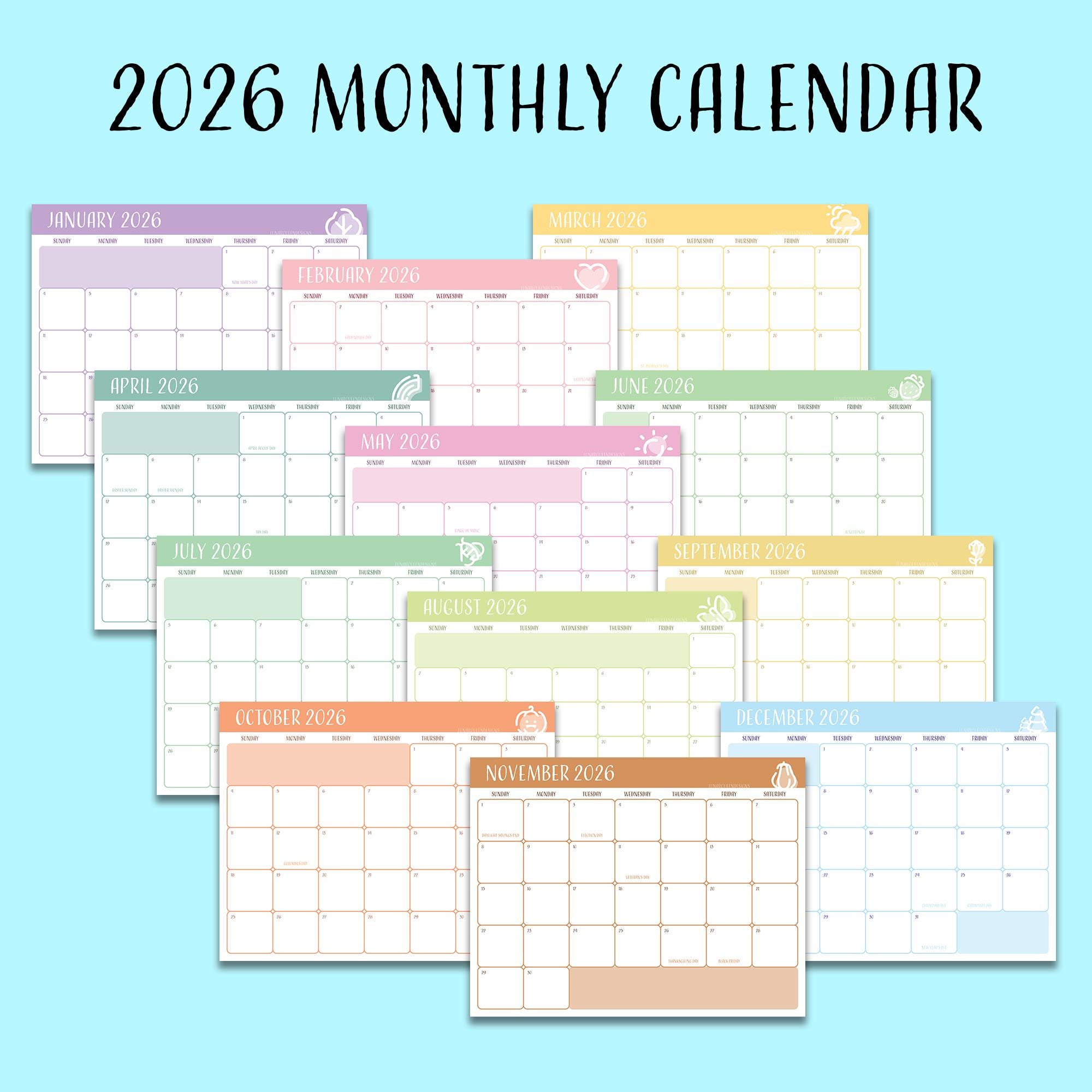 2026 Printable Monthly Calendar Digital Download PDF | Colorful Wall ...