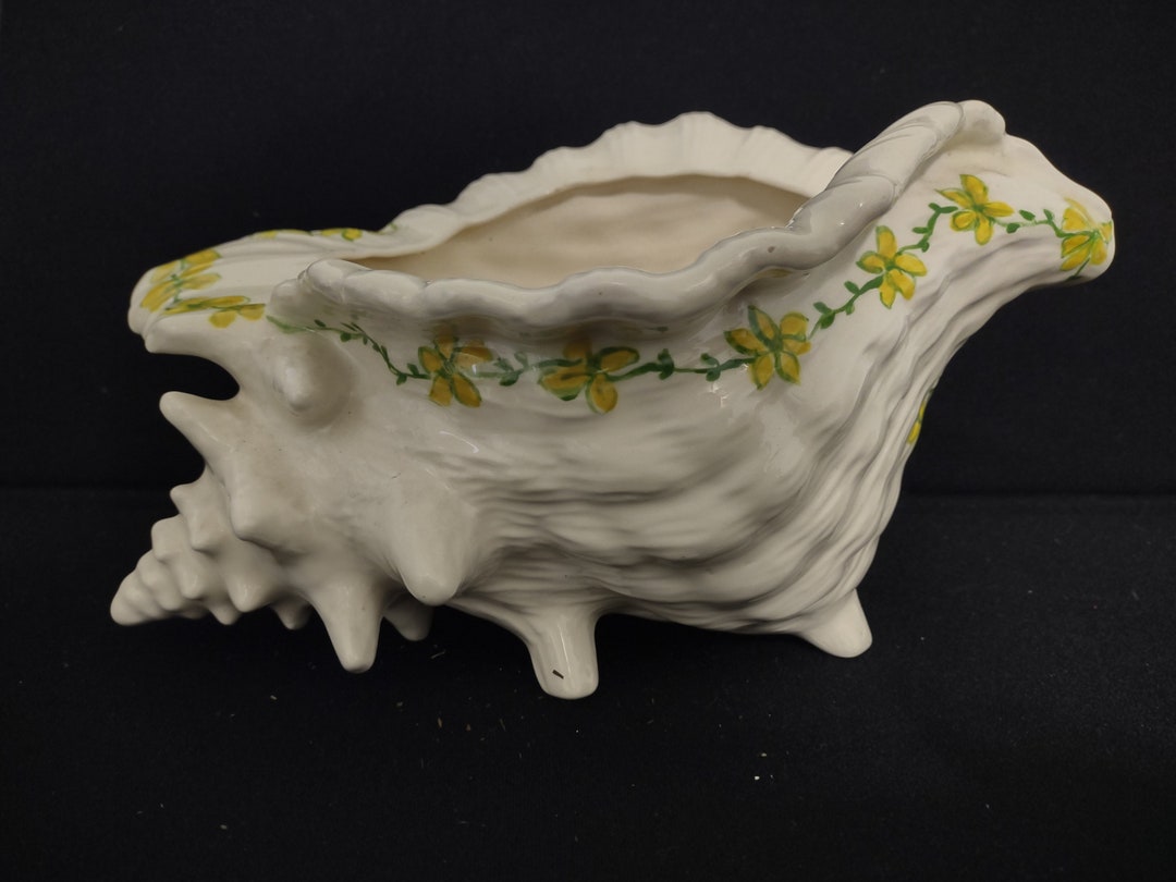 Vintage Ceramic Conch Sea Shell Planter White With Flower Design Unique ...