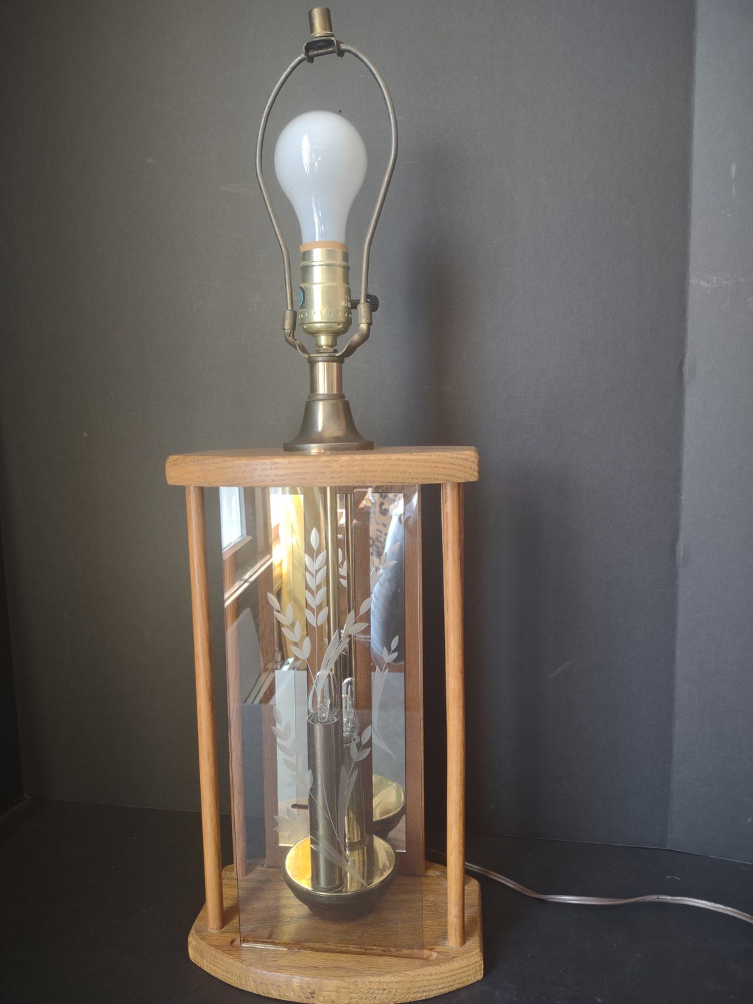 Vintage Retro Wood Table Lamp Etched Glass (lot 1745) - Etsy