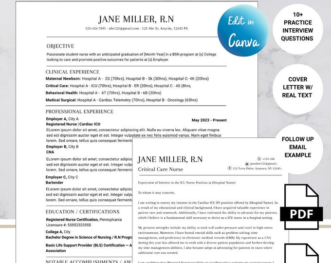 Student Nurse⎢new Graduate Nurse Resume Template ⎢ ATS Cover Letter ...