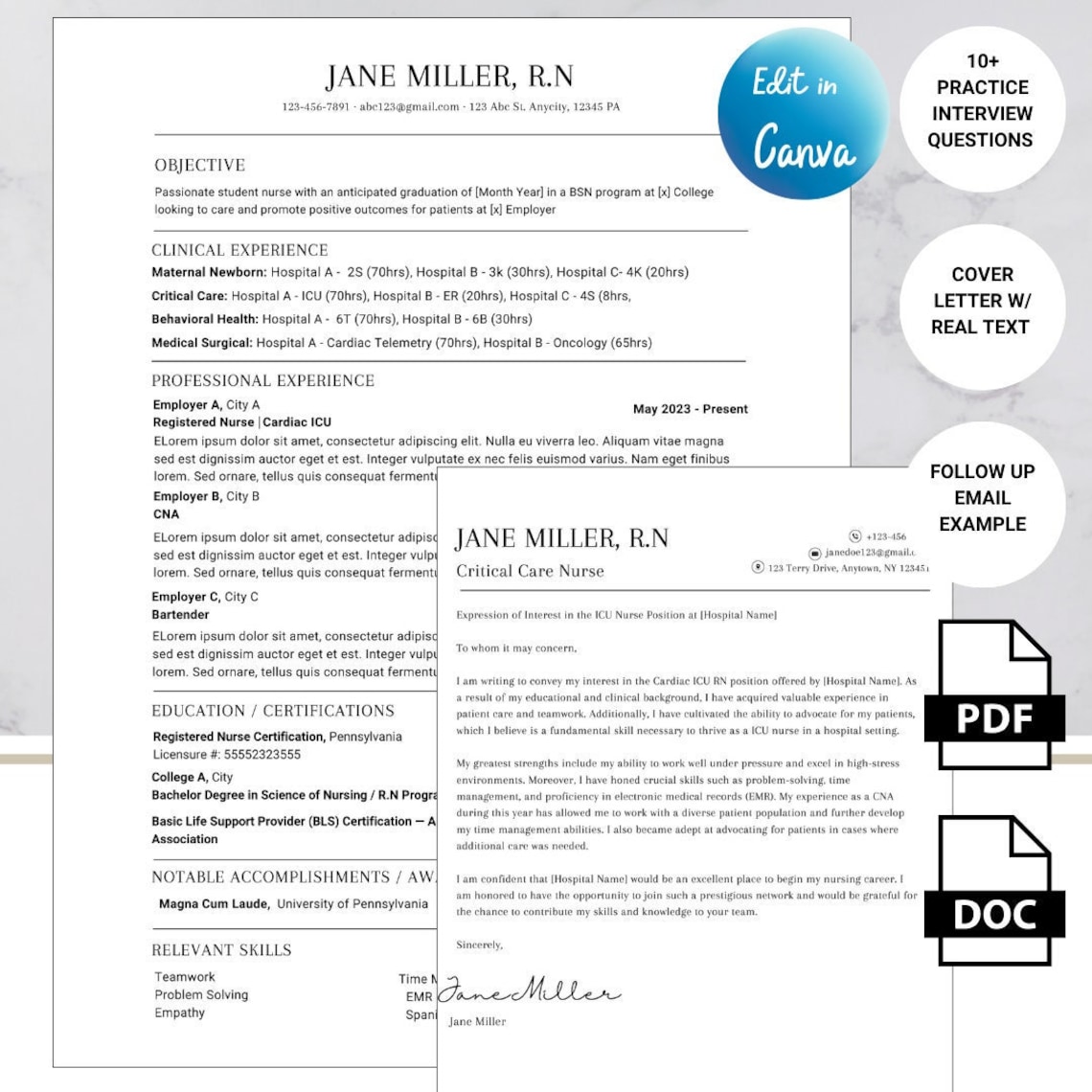 Student Nurse⎢new Graduate Nurse Resume Template ⎢ ATS Cover Letter ...