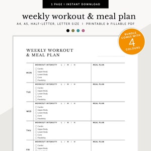 Weekly Workout and Meal Planner, Weekly Health Planner, Fitness and ...