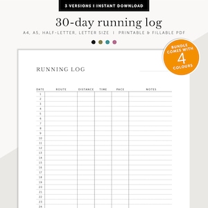 30 Day Running Log, Monthly Running Log, Running Journal, Monthly Run ...