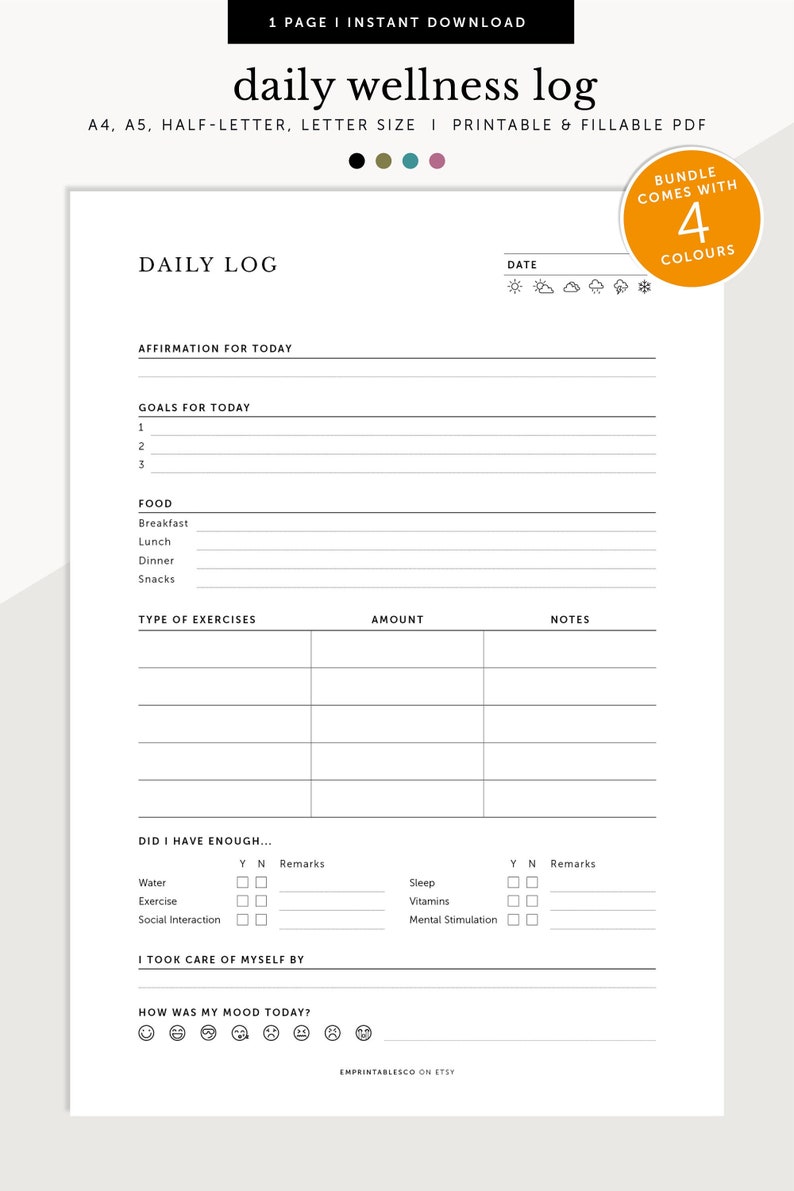 Daily Wellness Log, Daily Food and Exercise Journal, Daily Health ...
