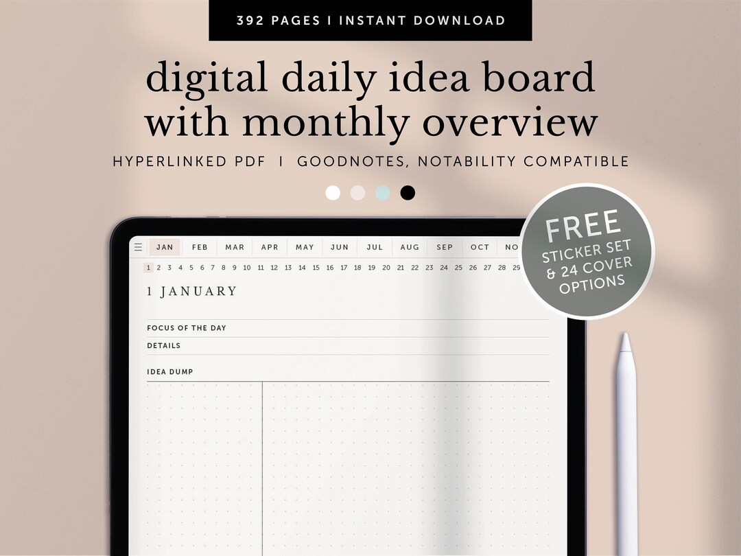 Digital Daily Project Board, Daily Brain Dump, Idea Template, Monthly Overview, Work Planner ...