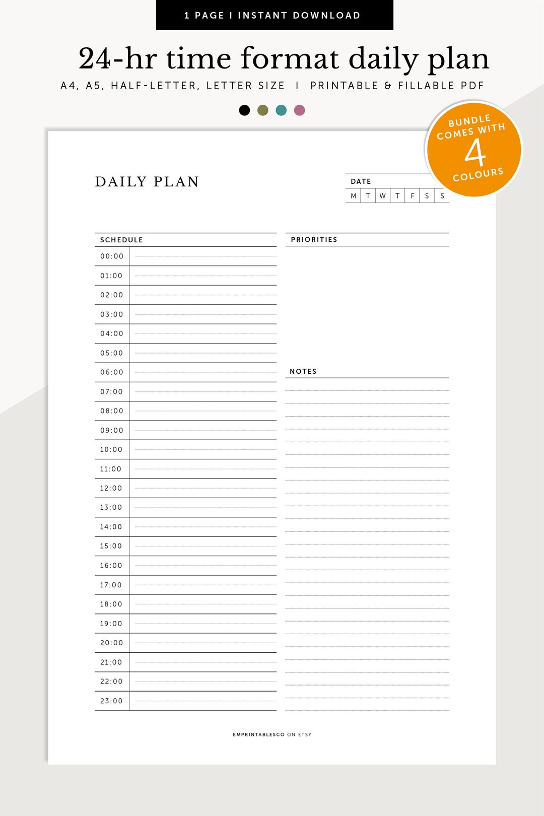 24 Hour Daily Planner, 24-hour Time Format Daily Schedule, ADHD Daily ...