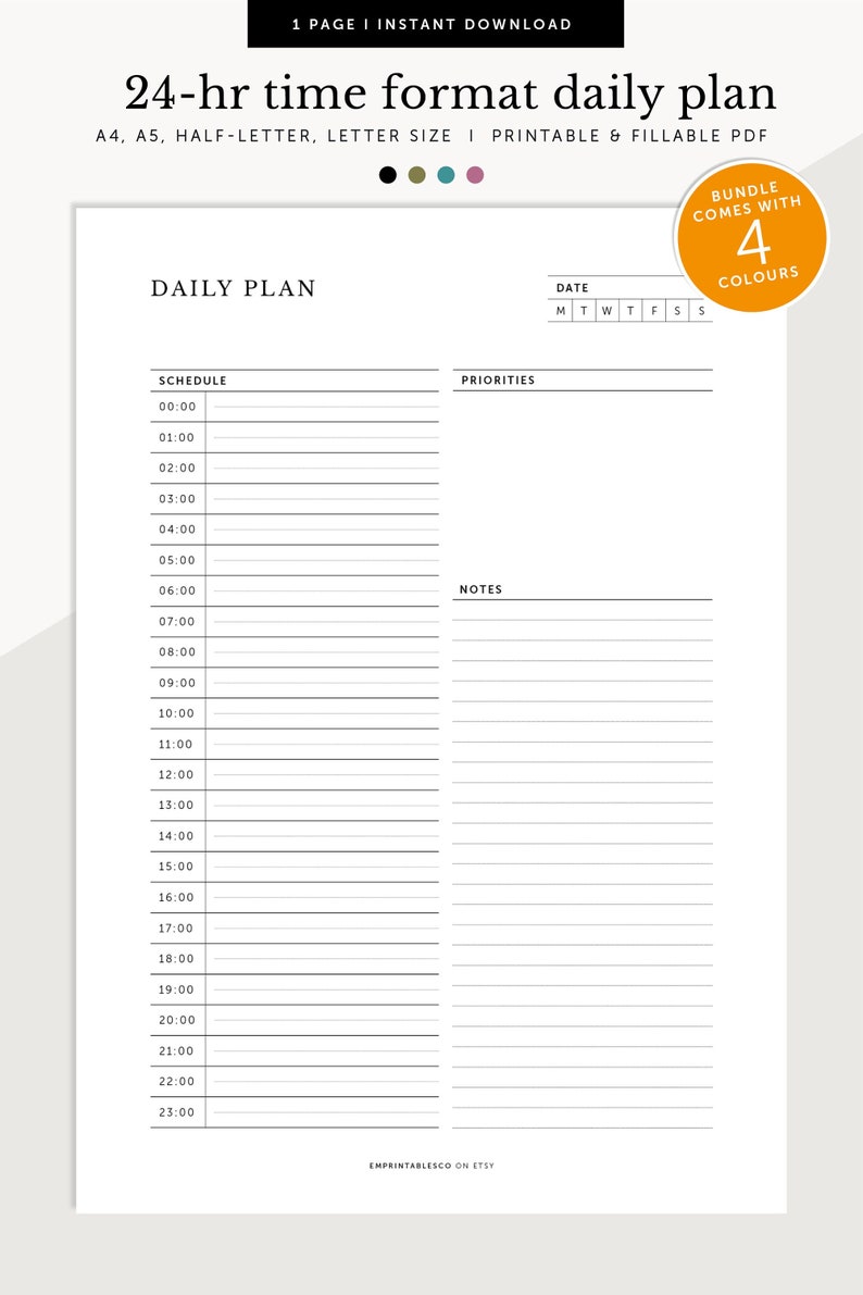 24 Hour Daily Planner, 24-hour Time Format Daily Schedule, ADHD Daily ...