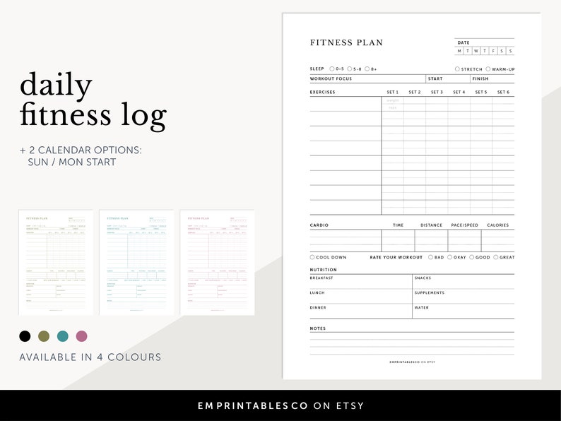 Daily Fitness and Meal Log, Workout Planner, Fitness Tracker, Exercise ...