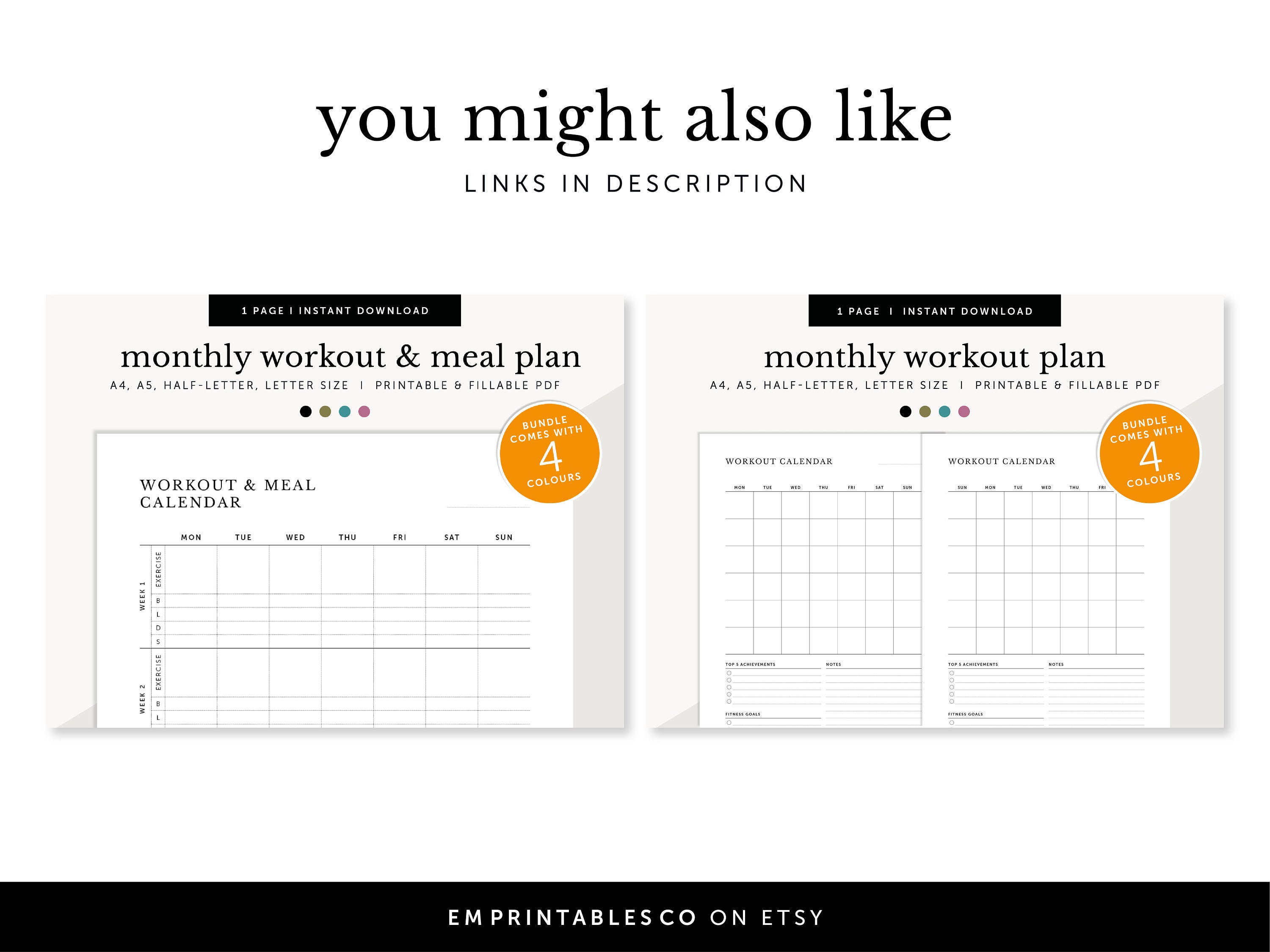 Monthly Workout and Meal Planner, Wellness Planner, Monthly Fitness and ...