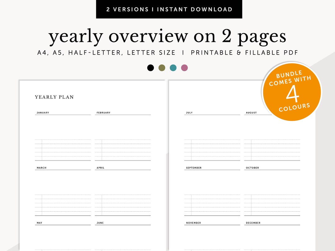 Yearly Overview on 2 Pages, Yearly Organizer, Yearly Goals, Yearly ...