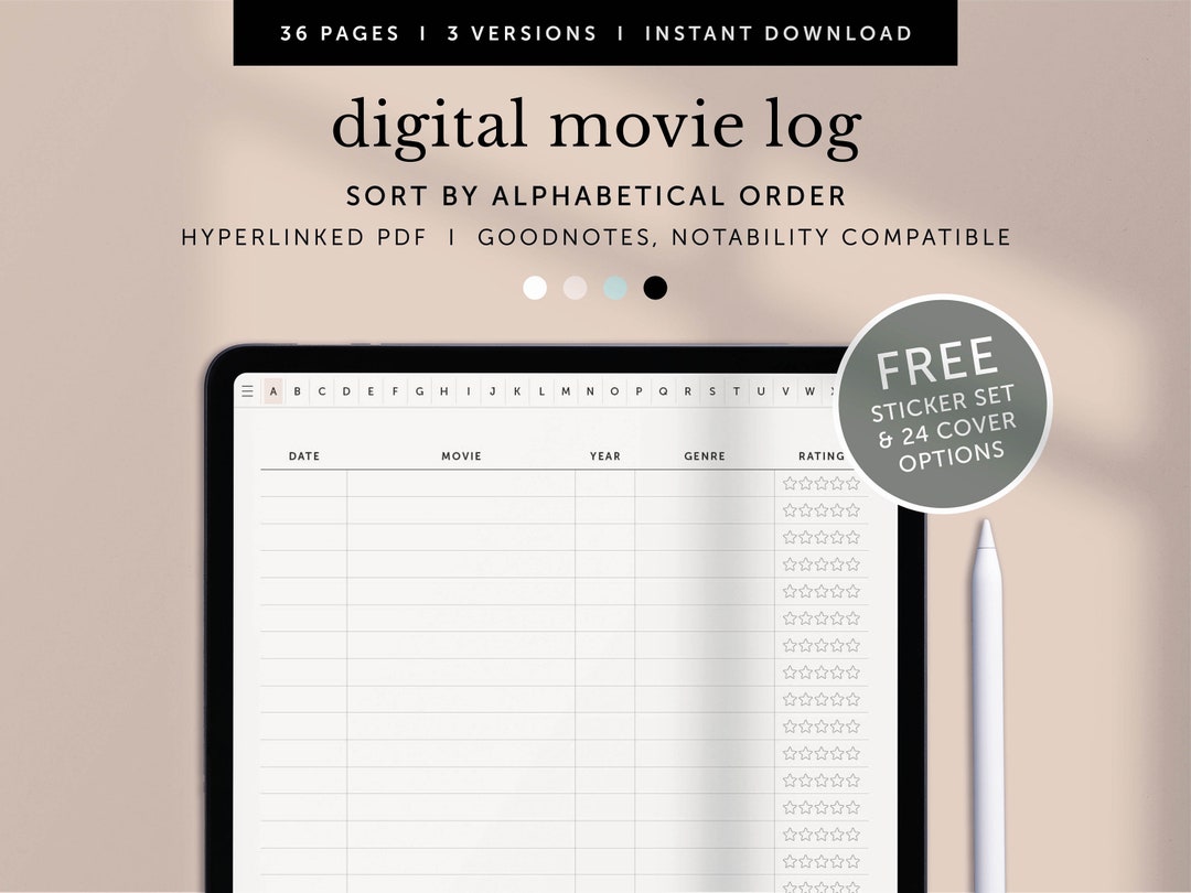 Digital Movie Log, Alphabetical Movie Tracker, Movie Journal, Movie ...