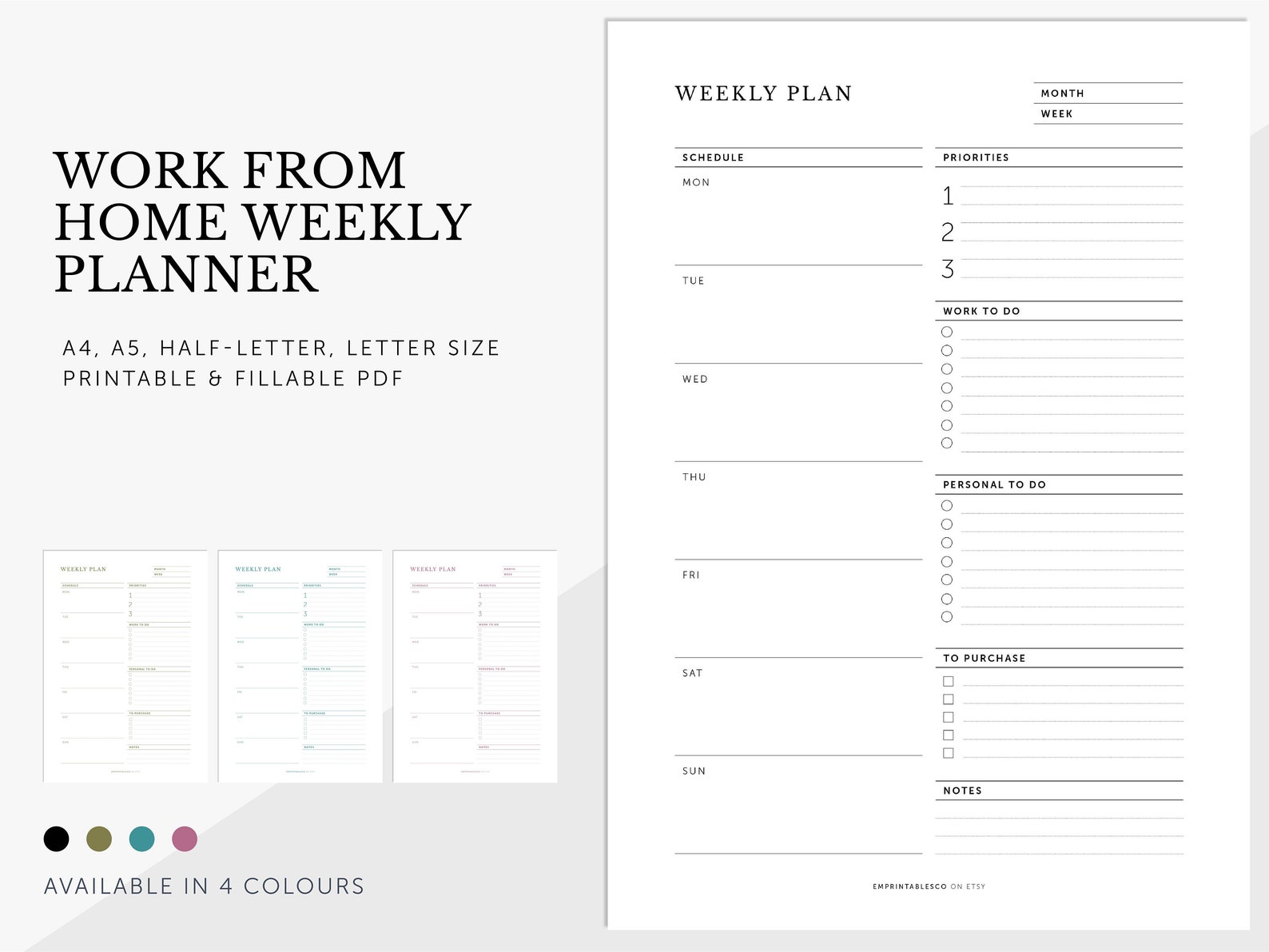 Work From Home Weekly Planner, Printable Organizer, Planner Set ...
