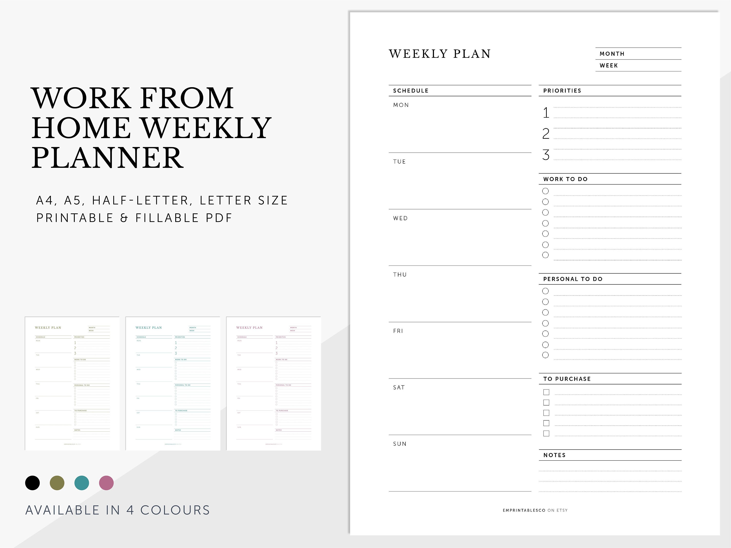 Work From Home Weekly Planner, Printable Organizer, Planner Set ...