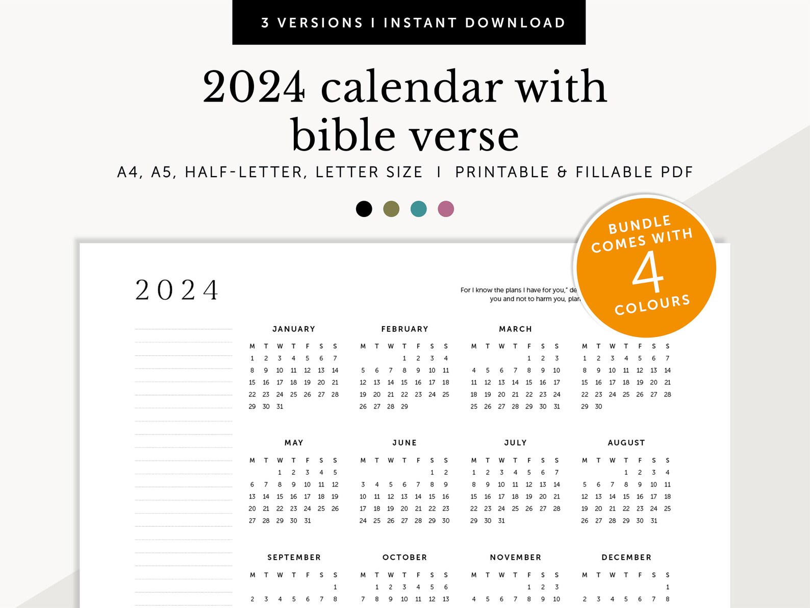 2024 Calendar With Bible Verses, 2024 Christian Planner, 2024 Yearly ...