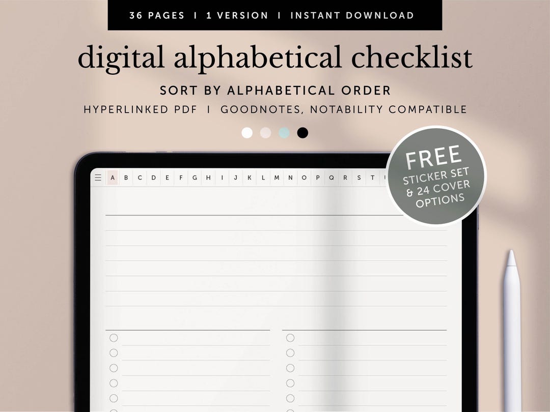 Digital Alphabetical Checklist, Alphabetical Notebook With to Do List ...
