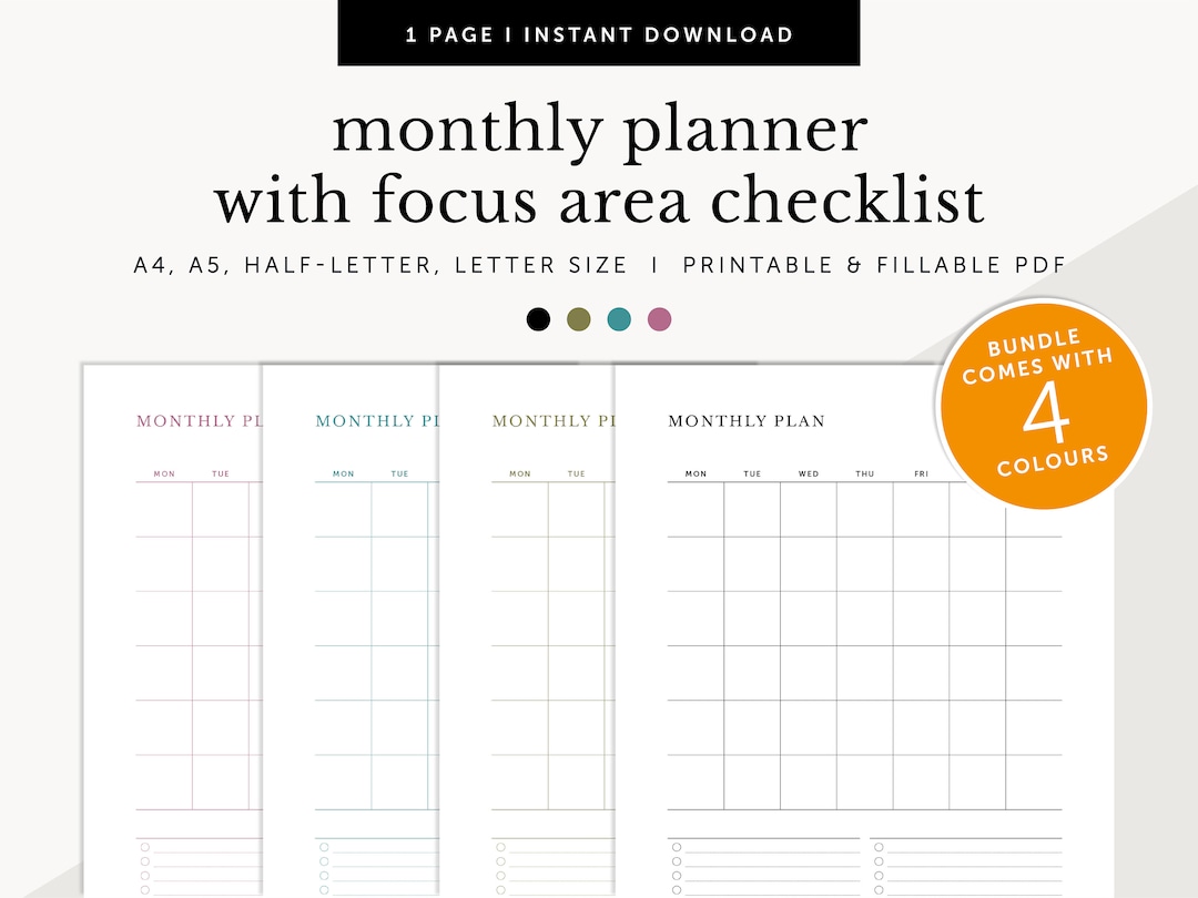 Monthly Planner, Monthly Checklist With Focus Area, Monthly to Do ...