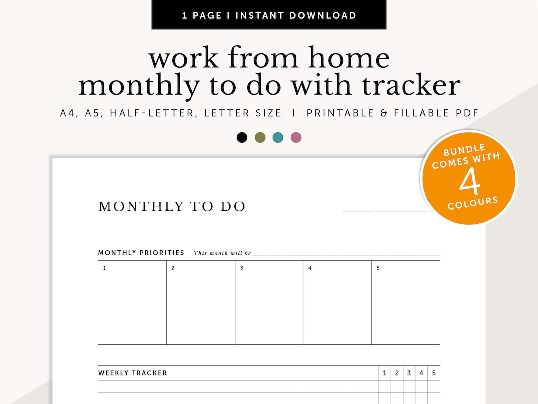 Work From Home Monthly to Do With Weekly Tracker, Monthly Agenda ...