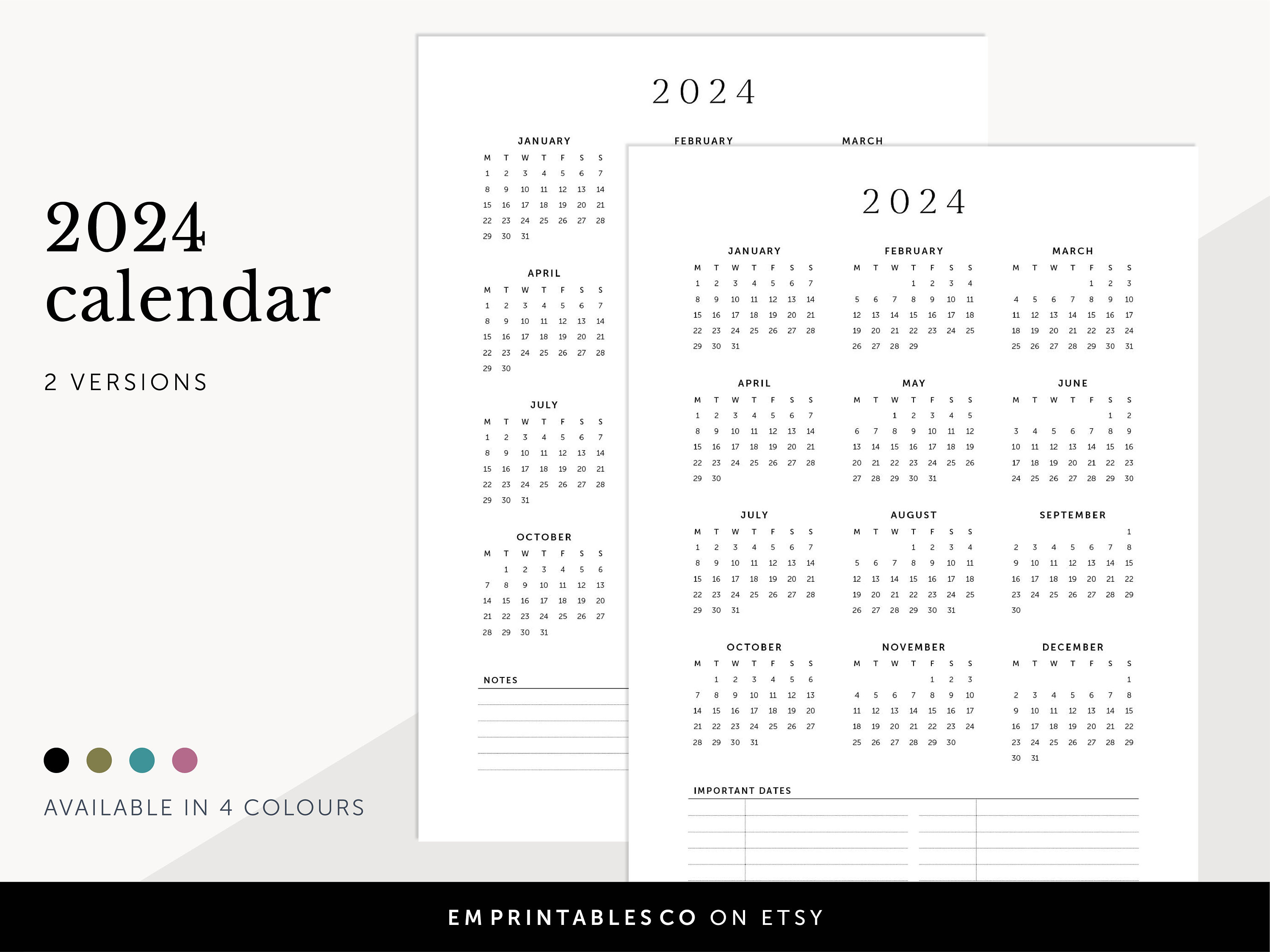 2024 Calendar With Notes, 2024 Wall Calendar, Important Dates, 2024 ...