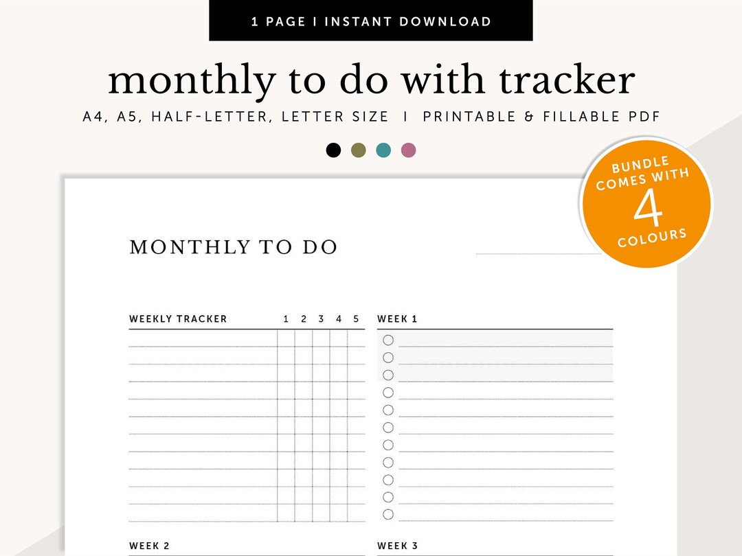 Monthly to Do With Weekly Tracker, Monthly Checklist, Weekly to Do ...