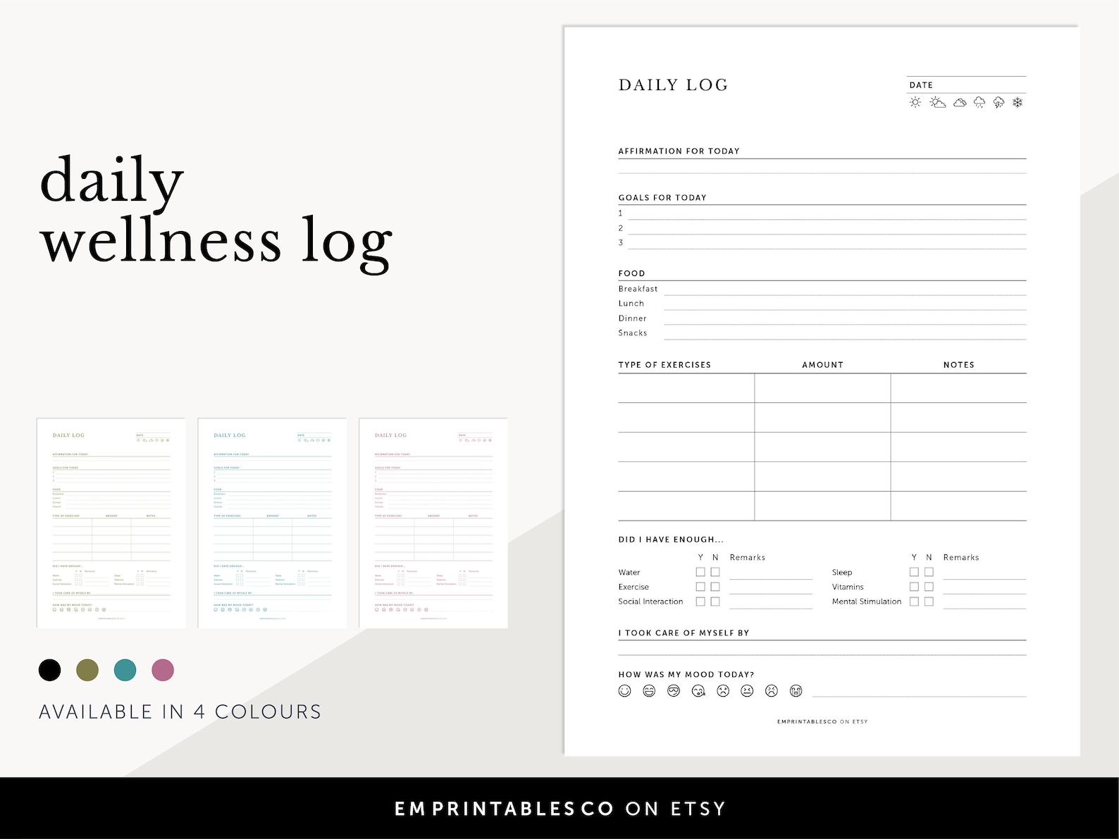 Daily Wellness Log, Daily Food and Exercise Journal, Daily Health ...