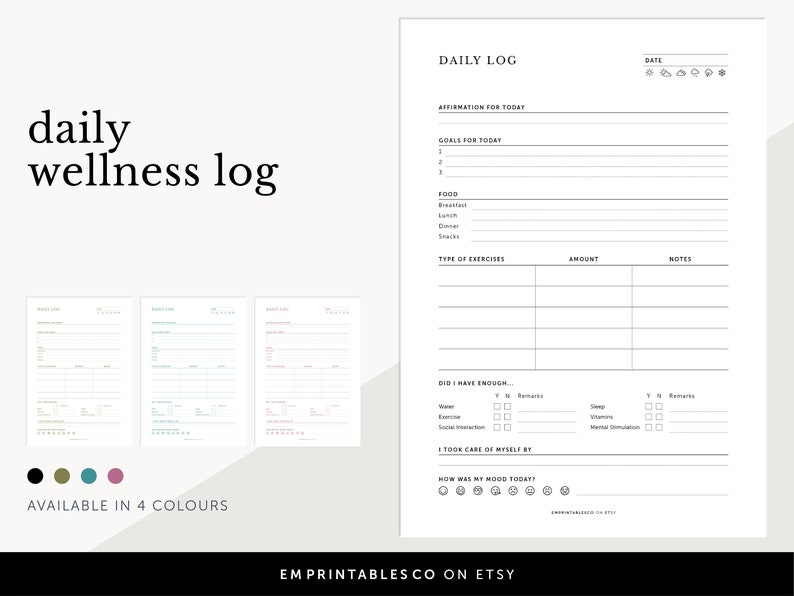Daily Wellness Log, Daily Food and Exercise Journal, Daily Health ...